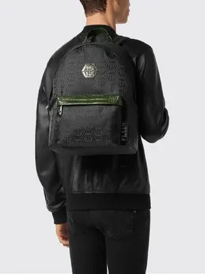 Philipp Plein Nylon Backpack With Jacquard Hexagon And Crocodile Print Leather