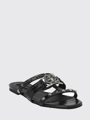 Philipp Plein Calfskin Studded Flat Sandals - Black