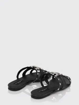 Philipp Plein Calfskin Studded Flat Sandals - Black