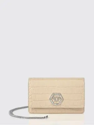 Philipp Plein Crocodile Print Leather Clutch With Rhinestone Hexagon - Beige