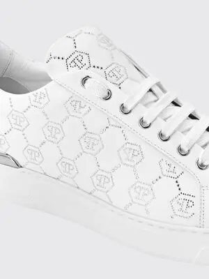 Philipp Plein Leather Sneakers With Rhinestone Hexagon - White