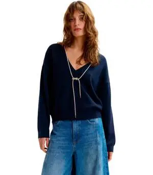 Essentiel Antwerp Navy V-neck Pullover With Rhinestone Embellishments