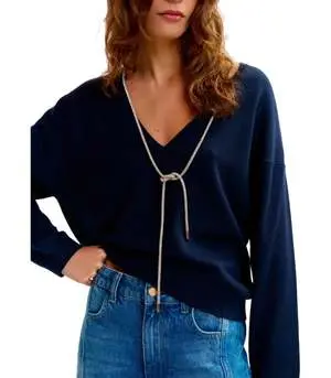 Essentiel Antwerp Navy V-neck Pullover With Rhinestone Embellishments