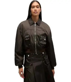 GANNI Nylon Bomber Jacket With Detachable Ruffled Collar - Brown