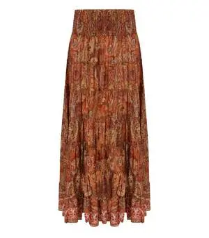 PAHIESA FORMENTERA Tiered Paisley Print Silk Cotton Blend Maxi Skirt - Red