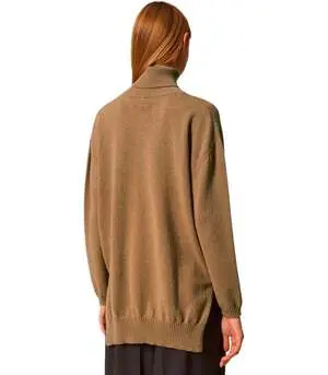 TWINSET Camel Cashmere Turtleneck Sweater With Side Slits