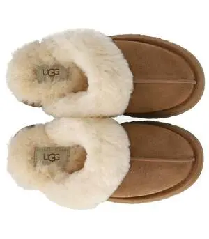 UGG Suede Slipper With Sheepskin Collar - Brown