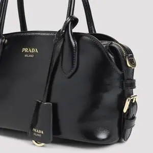 Prada Glossy Calf Leather Bowling Bag With Gold Tone Hardware - Black