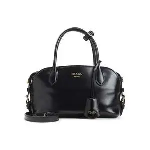 Prada Glossy Calf Leather Bowling Bag With Gold Tone Hardware - Black