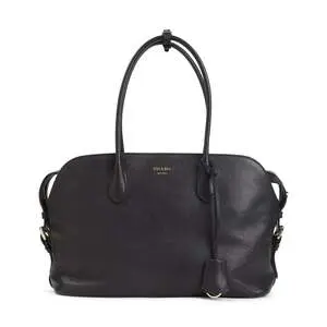Prada Leather Shopping Bag With Printed Logo - Black