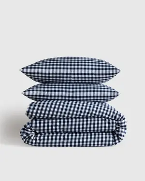 Quince Organic Crisp Percale Duvet Cover Set - Navy Gingham
