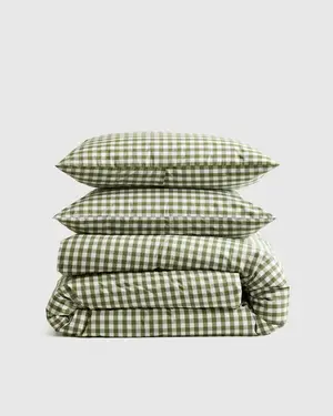 Quince Organic Crisp Percale Duvet Cover Set - Olive Gingham