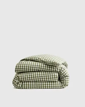 Quince Organic Crisp Percale Duvet Cover - Olive Gingham