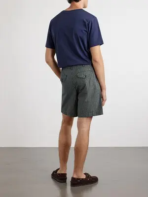 NOAH Straight-leg Pleated Checked Cotton And Linen-blend Seersucker Shorts