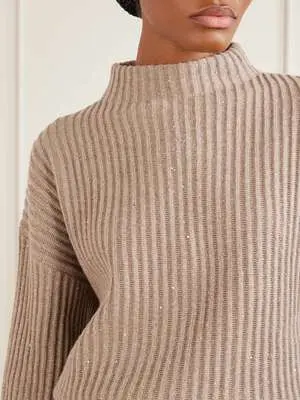 Brunello Cucinelli Sequin-trimmed Ribbed-knit Turtleneck Sweater