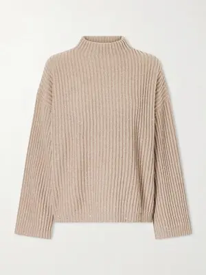 Brunello Cucinelli Sequin-trimmed Ribbed-knit Turtleneck Sweater - Neutrals
