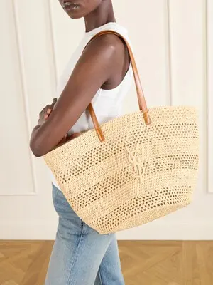 Saint Laurent Raffia Tote With Leather Trim