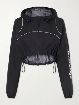 Balenciaga Cropped Hooded Shell Jacket With White Piping - Black