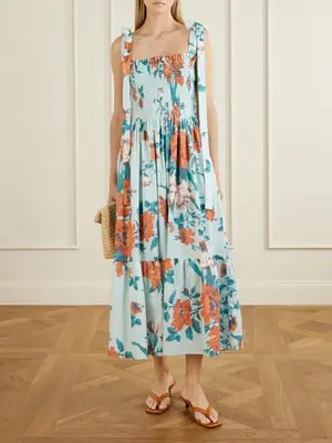 Erdem Shirred Floral Print Cotton Midi Dress - Blue
