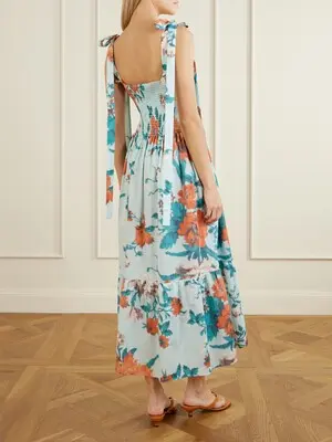 Erdem Shirred Floral Print Cotton Midi Dress - Blue