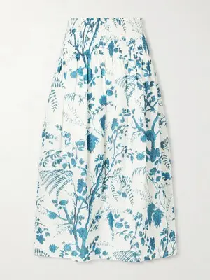 Erdem Shirred Floral-print Cotton And Linen-blend Midi Skirt - White