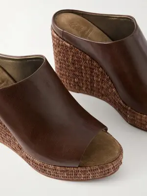 Brunello Cucinelli Leather Platform Wedge Espadrille Sandals