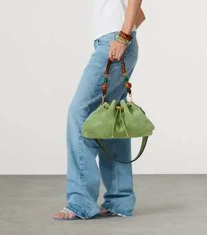 JIMMY CHOO Medium Suede Beaded Bucket Bag - Green