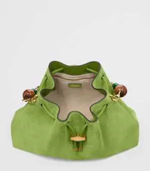 JIMMY CHOO Medium Suede Beaded Bucket Bag - Green