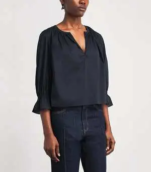 FRAME Cotton Poet Blouse - Navy