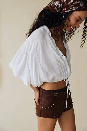 Free People Button-front Cropped Blouse With Lace Trim And Drawstring Waist - Clean Ivory