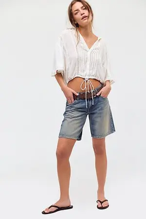 Free People Button-front Cropped Blouse With Lace Trim And Drawstring Waist - Clean Ivory