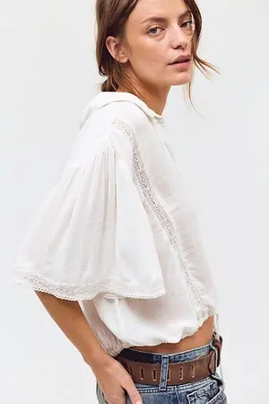 Free People Button-front Cropped Blouse With Lace Trim And Drawstring Waist - Clean Ivory