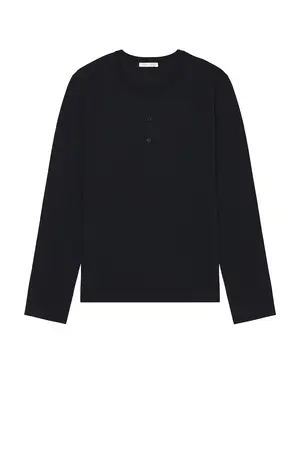 THE ROW Ayan Top Fine Knit Cashmere Silk Quarter Button Henley - Dark Navy