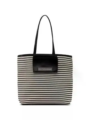LOLA CASADEMUNT Striped Logo Plaque Tote Bag - Black