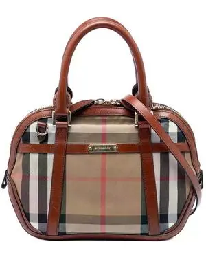 Burberry Leather Trimmed House Check Canvas Bridle Orchard Satchel - Brown