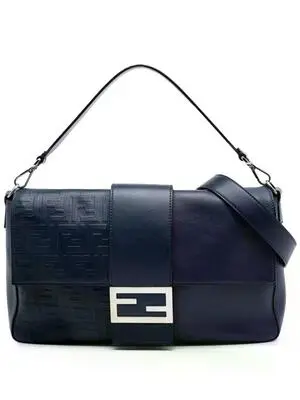 Fendi Zucca Embossed Leather Convertible Belt Baguette Satchel - Blue