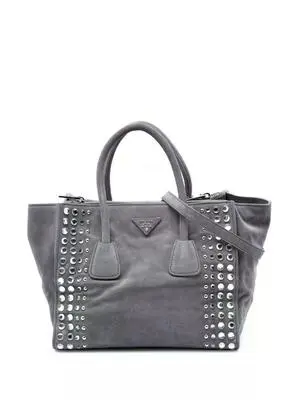 Prada Suede Embellished Twin Pocket Satchel - Grey