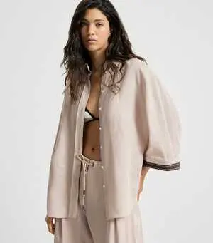 Brunello Cucinelli Linen Shirt With Embellished Cuffs - Beige