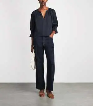 FRAME Cotton Poet Blouse - Navy