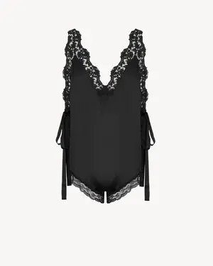 Saint Laurent Lace-trimmed Silk Crepe Muslin Romper - Black