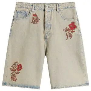 Drole De Monsieur Embroidered Floral Denim Shorts - Dusty