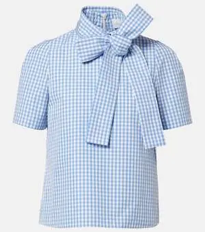 SHUSHU/TONG Gingham Bow Detail Cotton Top - Blue