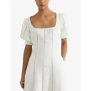 REISS Riva Puff-sleeved Linen Midi Dress - Ivory