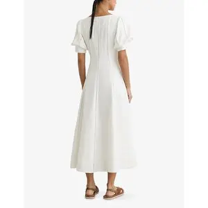 REISS Riva Puff-sleeved Linen Midi Dress - Ivory