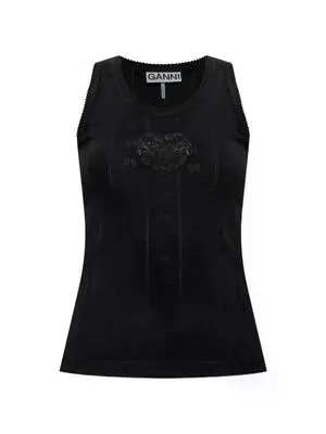 GANNI Heart Patch Pointelle Knit Top - Black