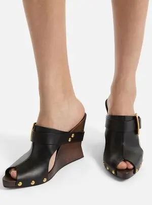 Balmain Anthem Wedge Smooth Leather Mules