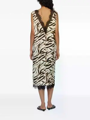 GANNI Zebra-print Lace-trim Midi Dress - Neutrals