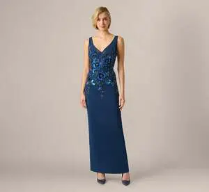 Adrianna Papell Pansy Floral Beaded Stretch Crepe Gown - Light Navy
