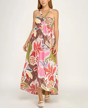 BEAUTY & GRACE Twist Front Floral Maxi Halter Dress