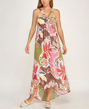 BEAUTY & GRACE Twist Front Floral Maxi Halter Dress